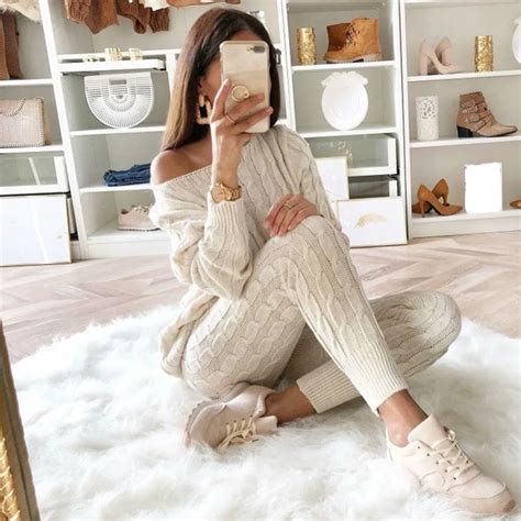 2 Piece Set Women Sweaters Suit Sexy Off Shoulder Sweater Pants