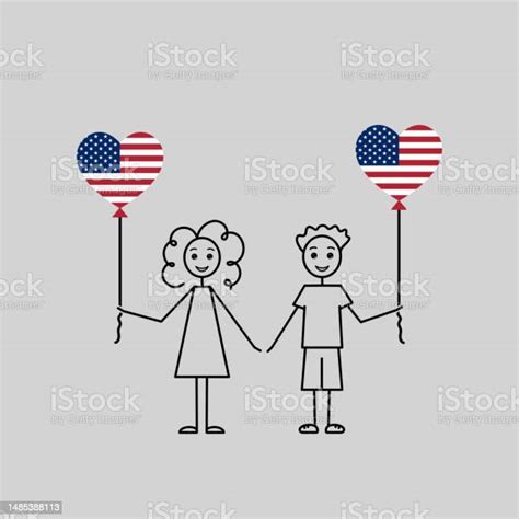 7월 4일 미국 아이들 사랑 미국 스케치 하트 모양의 풍선을 가진 소녀와 소년 검은 선 벡터 삽화 7월에 대한 스톡 벡터 아트 및 기타 이미지 Istock