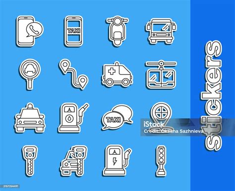 ライン信号機タクシーケーブルカースクータールートの場所虫眼鏡タクシーコール電話サービス救急車緊急アイコンの地図ポインターを設定しますベクトル