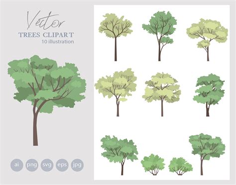 Set Of Flat Vector Trees Clipart Flat Vector Plant Illustration AI SVG PNG Etsy