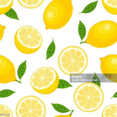 노란색 레몬이 있는 배경입니다 녹색 잎이 있는 전체 감귤류 과일 조각 및 반쪽 벡터 만화 일러스트 레이 션 완벽 한 패턴 레몬에 대한 스톡 벡터 아트 및 기타 이미지