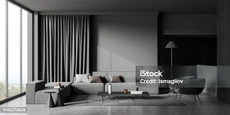 소파 좌석 파노라마 창문이 있는 회색 차가운 인테리어 모형 벽 0명에 대한 스톡 사진 및 기타 이미지 0명 3차원 형태 가구 Istock