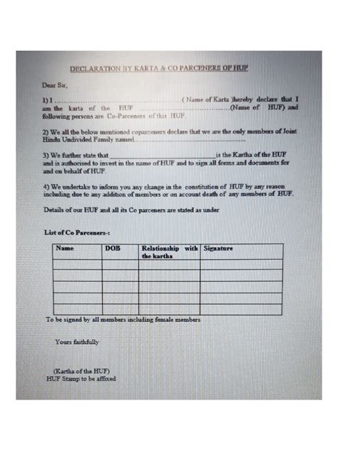 Declaration By Karta N Huf Coparcener List Pdf