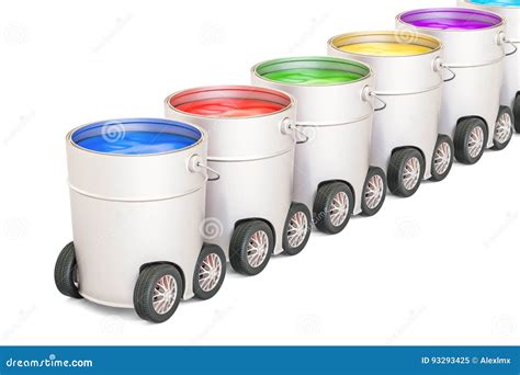 Latas Con La Pintura En Las Ruedas De Coche Representación 3d Stock De
