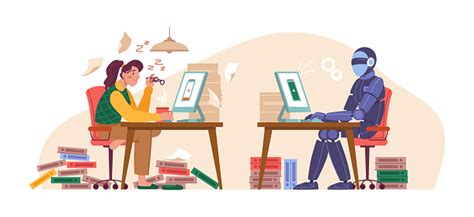 인간 대 로봇 소녀 과학자 와 사이보그는 컴퓨터 협력 마음의 경쟁 평면 만화 캐릭터와 테이블에 앉아 여성 사람에 대한 벡터 인공