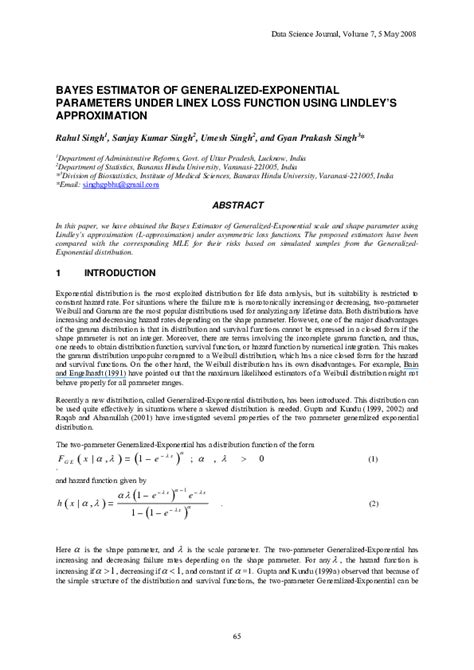 Pdf Bayes Estimator Of Generalized Exponential Parameters Under Linex Loss Function Using