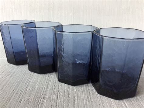 Vintage Libbey Facets Smokey Cobalt Blue Glasses 12 Oz Double Old Fashioned Tumblers Retro Dark