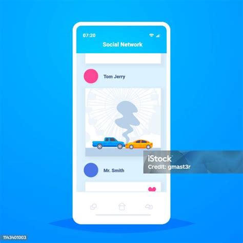 자동차 사고 충돌도로 머리에 충돌 추락 자동차 개념 온라인 모바일 소셜 네트워크 통신 응용 프로그램 스마트 폰 화면 플랫 2명에