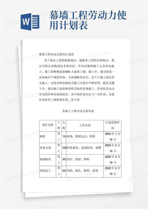 幕墙工程劳动力使用计划表 Word模板下载 编号qyjwevog 熊猫办公