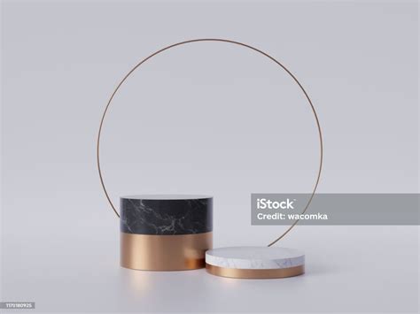 흰색 배경 황금 반지 둥근 프레임 2 실린더 추상적 인 최소한의 개념 빈 공간 간단한 깨끗한 디자인 고급 미니멀 한 모형에 고립 된 검은 흰색 대리석 받침대 단계의 3d