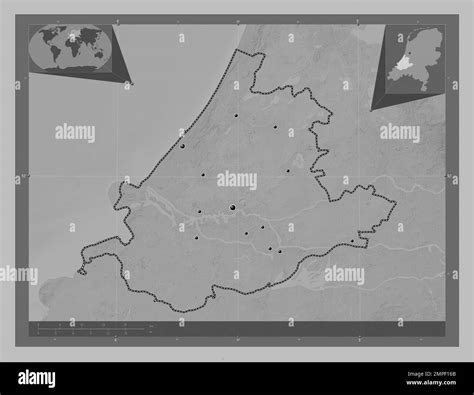 Zuid Holland Province Of Netherlands Grayscale Elevation Map With Lakes And Rivers Locations