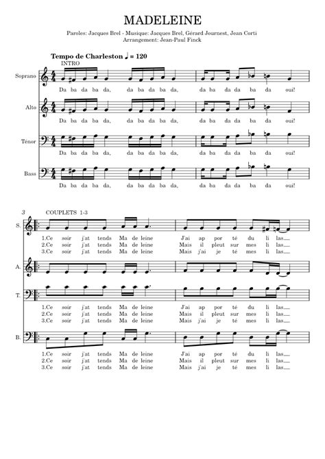 Madeleine Jacques Brel Sheet Music For Soprano Alto Tenor Bass