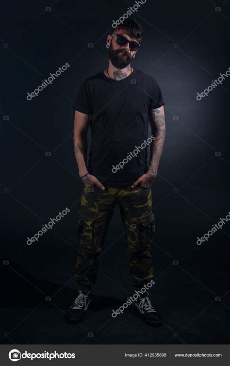 Bearded Male Model Tattoos Hands His Pocket Dressed Black Shirt Stock