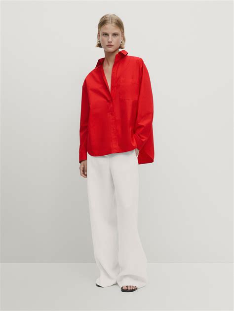 100 Cotton Poplin Shirt With Pocket · Red · Shirts Massimo Dutti
