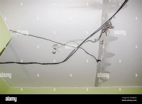 Wires On The Ceiling Preparation For Installation Of A Stretch Ceiling Stock Photo Alamy