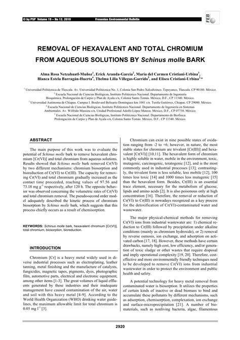 Pdf Removal Of Hexavalent And Total Chromium From Aqueous Solutions