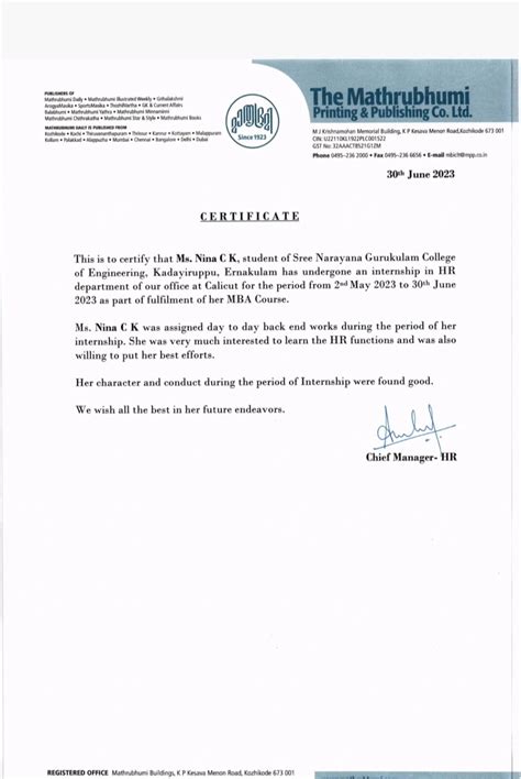 Nina C K On Linkedin Successfully Completed 2 Month Internship Program At Mathrubhumi Kozhikode