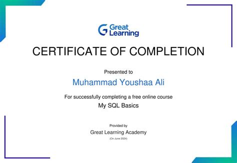 completed my sql basics course by great learning academy muhammad youshaa ali posted on the