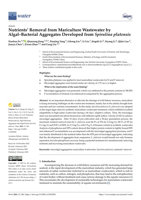 Pdf Nutrients Removal From Mariculture Wastewater By Algalbacterial