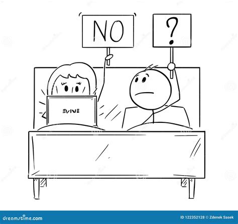 Cartoon Of Couple In Bed Man Wants Sexual Intercourse Woman Is Working On Computer And