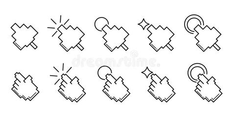 Black And White Vector Icon Set With Cursors And Clicks In Pixel Style