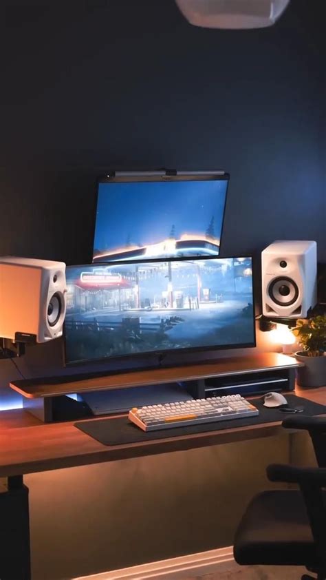 Stylish Desk Setup With Mounted Speakers