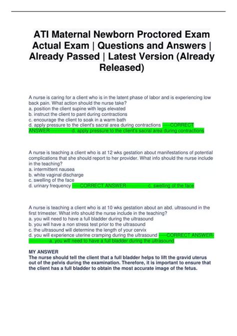 ATI Maternal Newborn Proctored Exam Actual Exam Questions And Answers Already Passed