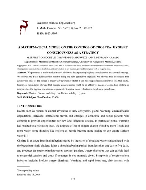Pdf A Mathematical Model On The Control Of Cholera Hygiene Consciousness As A Strategy