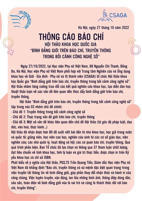 Thông cáo báo chí HT khoa học Quốc gia Bình đẳng giới trên báo chí