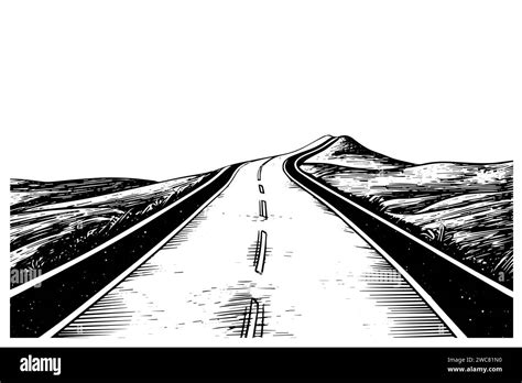 Simple Road Hand Drawn Ink Sketch Highway Landscape Engraved Style