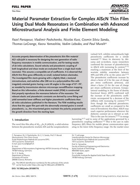 Pdf Material Parameter Extraction For Complex Alscn Thin Film Using Dual Mode Resonators In