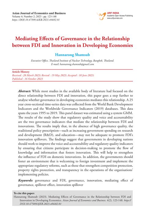 Pdf Mediating Effects Of Governance In The Relationship Between Fdi And Innovation In