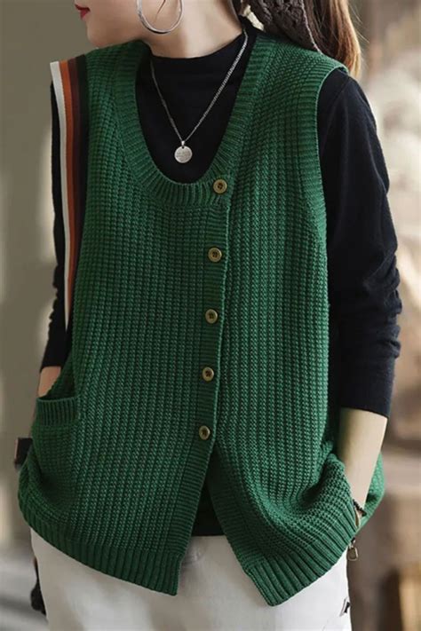 Plus Size Women Spring Knitted Button Sleeveless Vest Waistcoat Sweater