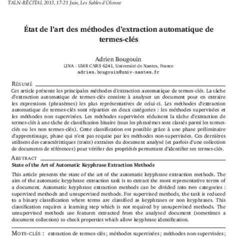 State Of The Art Of Automatic Keyphrase Extraction Methods État De Lart Des Méthodes D