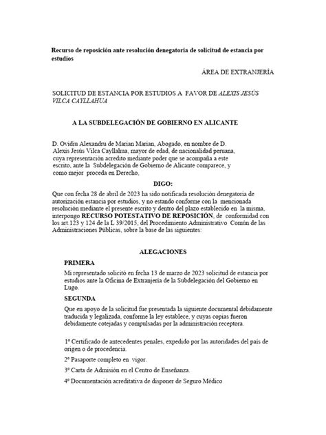 Modelo De Recurso De Reposición Ante Resolución Denegatoria De
