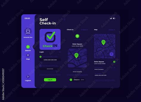 Social Check In Tablet Interface Vector Template Mobile App Page Night Mode Design Layout User