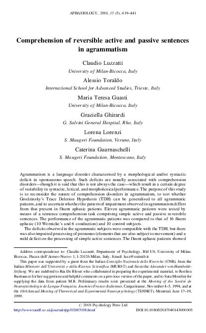 Pdf Comprehension Of Reversible Active And Passive Sentences In Agrammatism