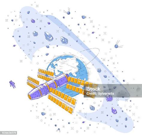 지구 우주 태양 전지 우주선 우주선이 Iss 인공 위성 소행성 비와 별에서 주위를 공전 하는 우주 정거장 얇은 선 3d 벡터 일러스트입니다 경외감에 대한 스톡 벡터 아트 및