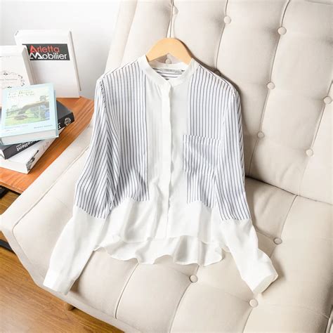 여성 긴팔 실크 셔츠 스탠드업 칼라 셔츠 루즈핏 실크 탑 2021 가을티셔츠 Aliexpress