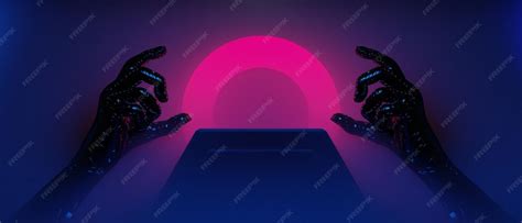 기술 미래 사이버 펑크 디스플레이 게임 공상 과학 무대 받침대 배경 게이머 배너 네온 글로우의 3d 그림 렌더링 제품 연단 스탠드 프리미엄 사진