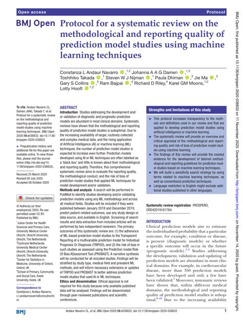 Pdf Protocol For A Systematic Review On The Methodological And Reporting Quality Of Prediction