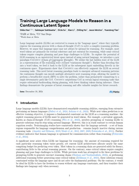 Training Large Language Models To Reason In A Continuous Latent Space Pdf Reason Thought