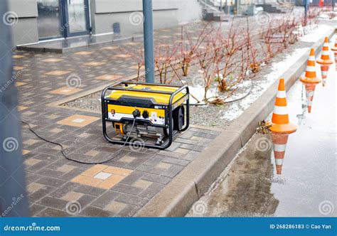 Power Supply Generator Placed On Street Sidewalk Outdoor Diesel Power