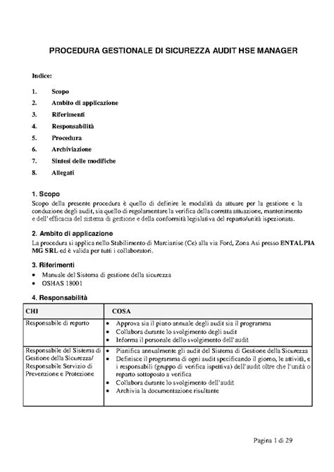 Procedura Di Audit Hse Manager Procedura Gestionale Di Sicurezza