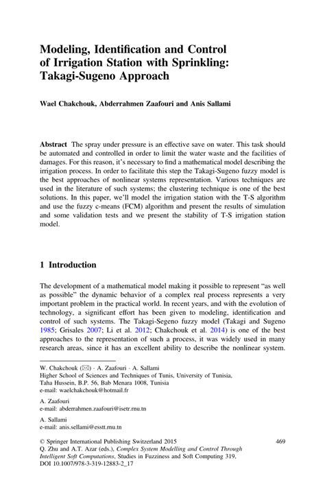 Pdf Modeling Identification And Control Of Irrigation Station With Sprinkling Takagi Sugeno