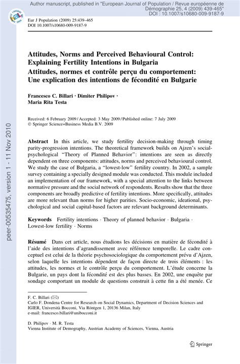 Pdf Attitudes Norms And Perceived Behavioural Control Explaining Fertility Intentions In