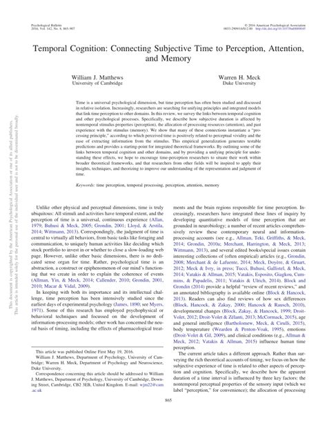 Pdf Temporal Cognition Connecting Subjective Time To Perception
