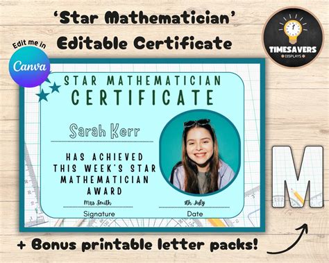 Certificate Template Editable Maths Award School Class Editable Canva