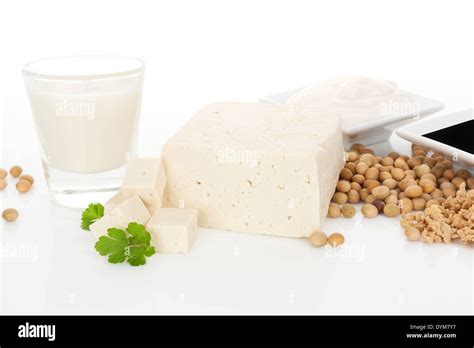 Soy Milk Tofu Soybeans Granules And Soy Sauce Isolated On White