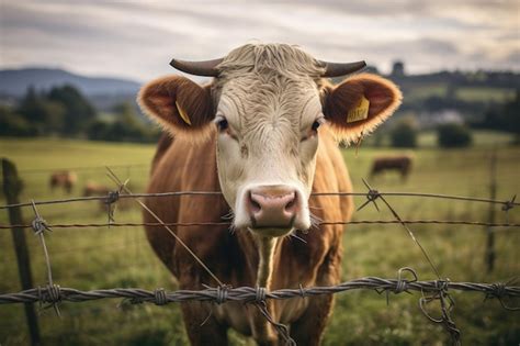 Premium Ai Image Cow Behind Barbed Wire Fence In Meadow